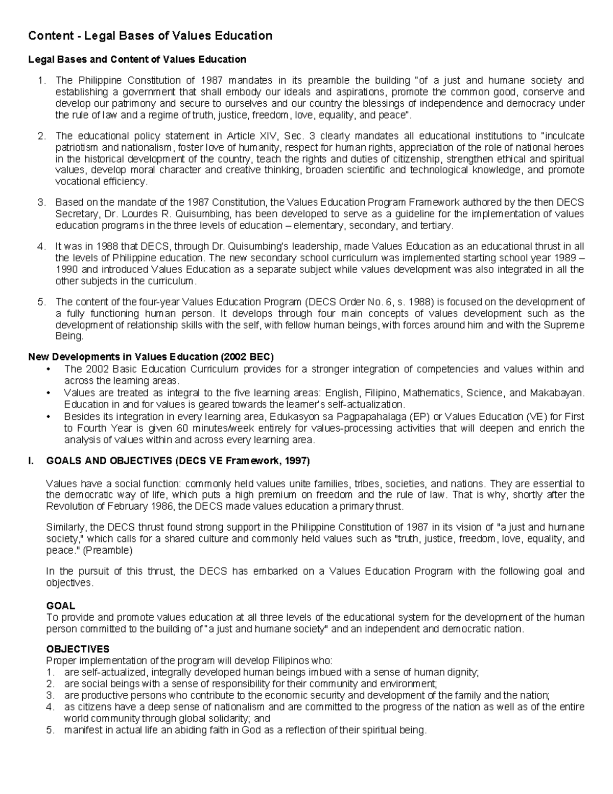 Legal Bases of Values Education in the Philippines: A Comprehensive ...