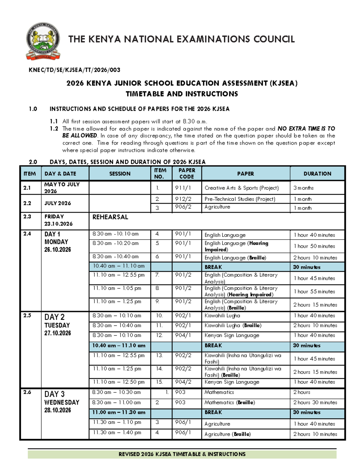 2026 KJSEA Timetable & Instructions for Candidates - Studocu