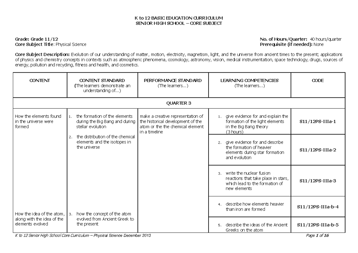 K to 12 SHS Core Curriculum: Physical Science Overview and Standards ...