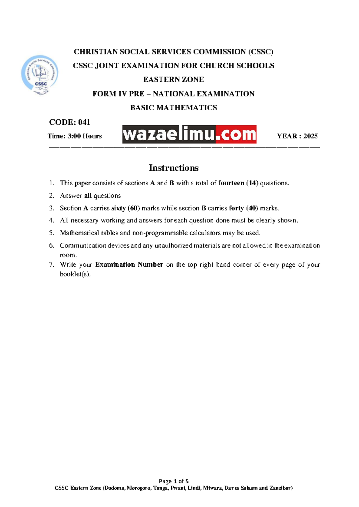 Basic Mathematics CSSC Joint Examination 2025 - Form IV - Studocu