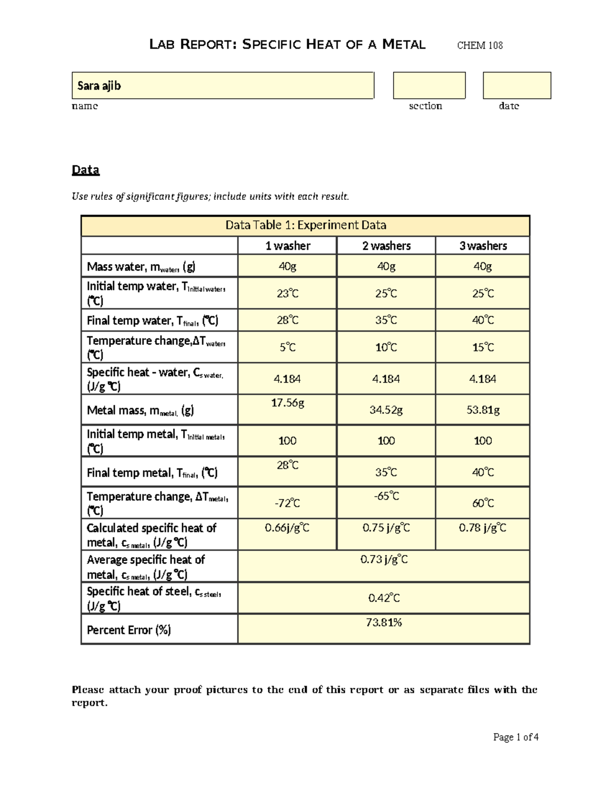 Lab Report: Specific Heat of Metal for CHEM 108 Experiment - Studocu