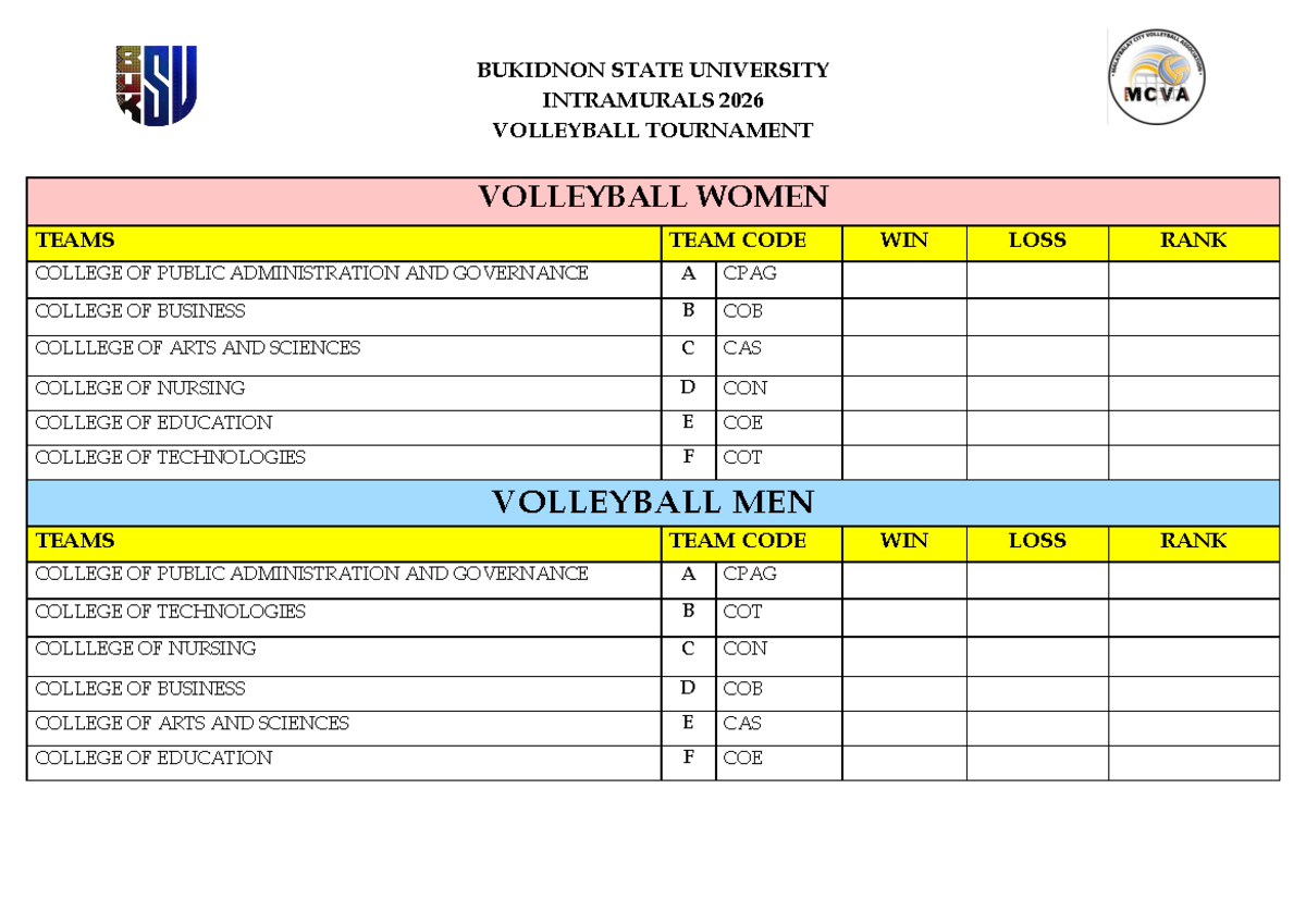 BUKIDNON STATE UNIVERSITY INTRAMURALS 2026 VOLLEYBALL TOURNAMENT ...