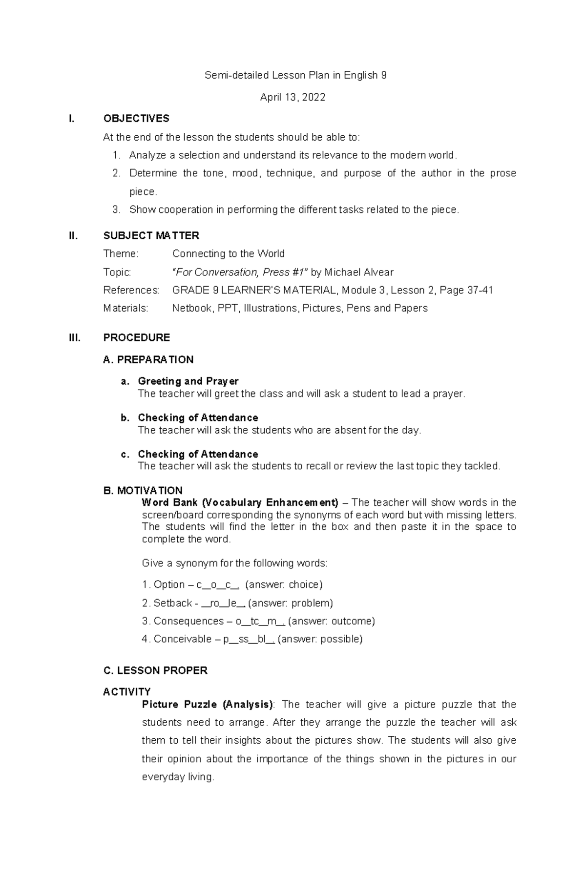 Semi-Detailed Lesson Plan for English 9: Conversation Press 1 - Studocu