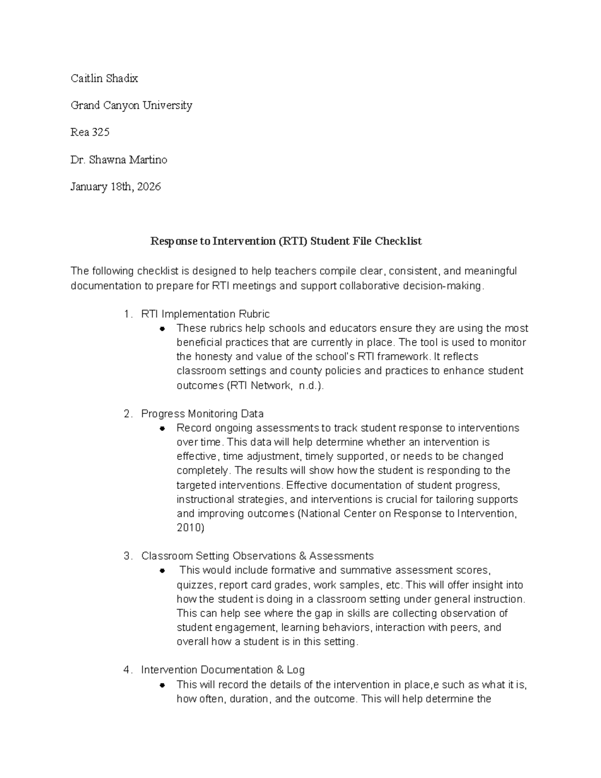 REA 325 RTI Student File Checklist for Effective Documentation - Studocu