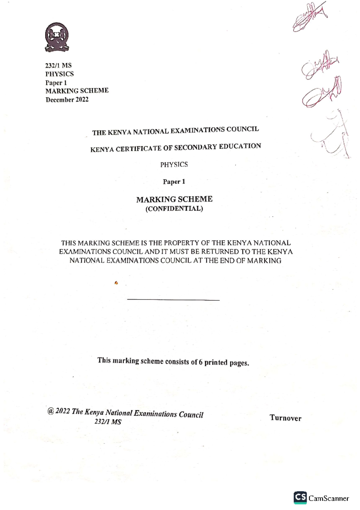 MS PHYSICS Paper 1 MARKING SCHEME KCSE December 2022 - Studocu