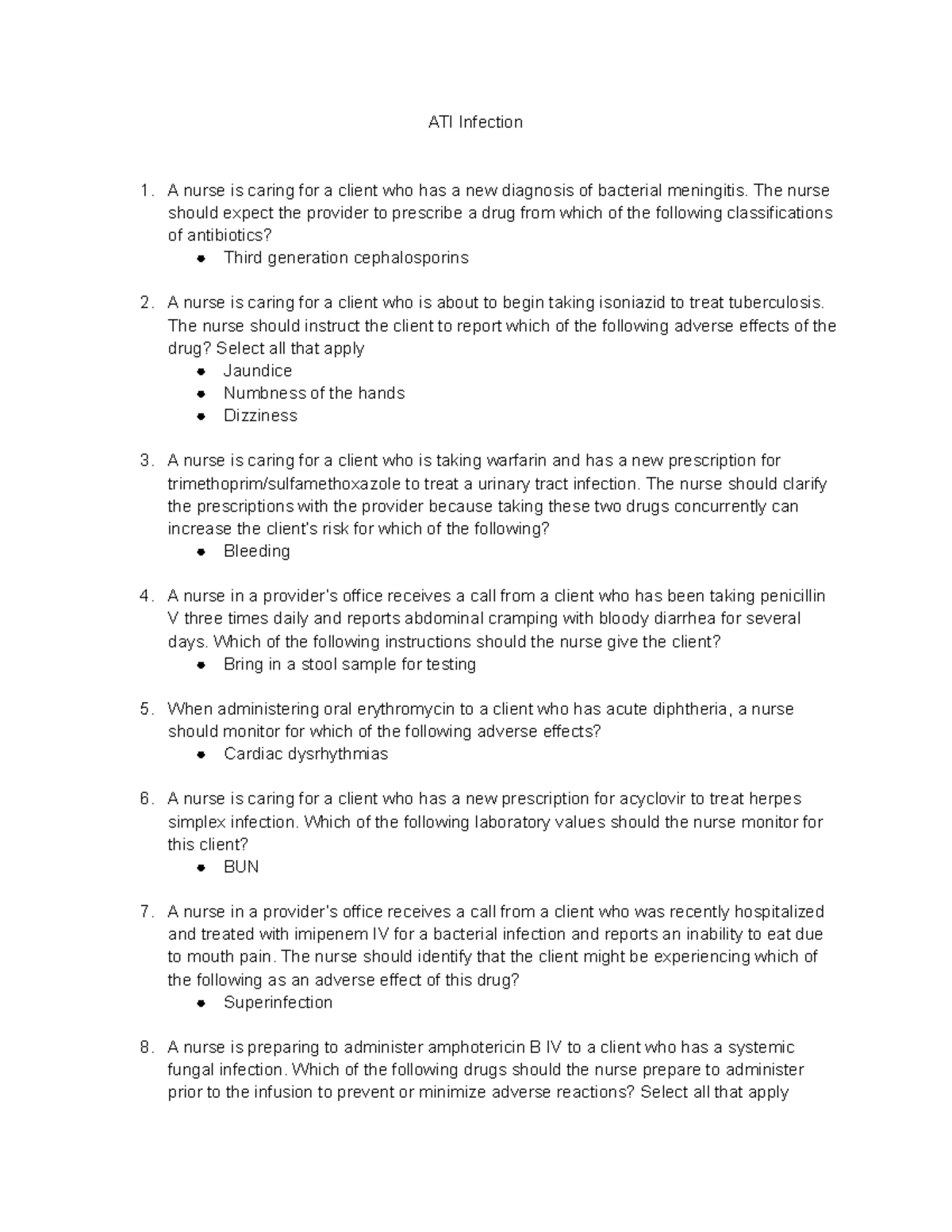 ATI Infection - Pretest & Post-Test Questions for Nursing Students ...