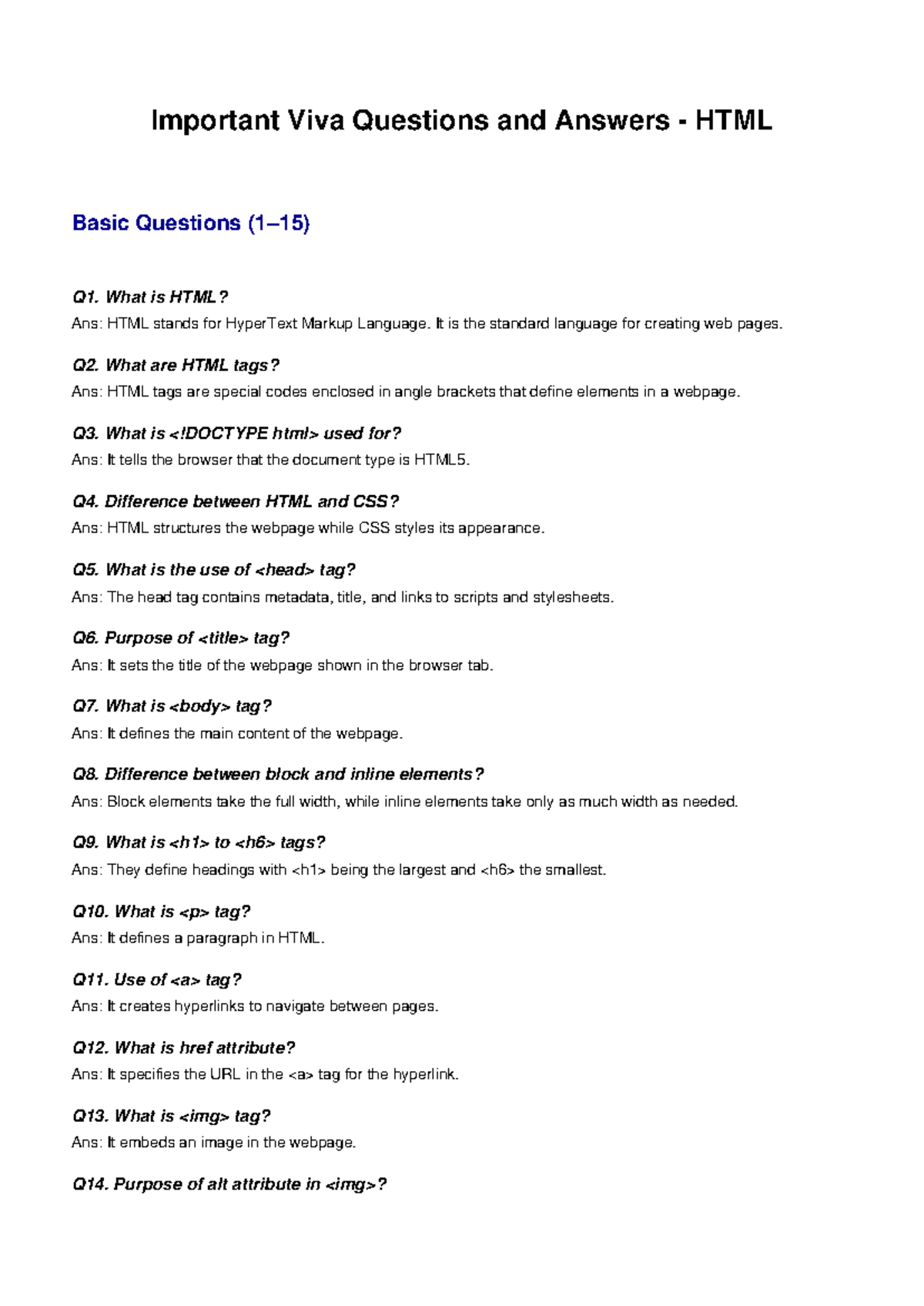 HTML Viva Questions: Key Concepts and Answers - Studocu