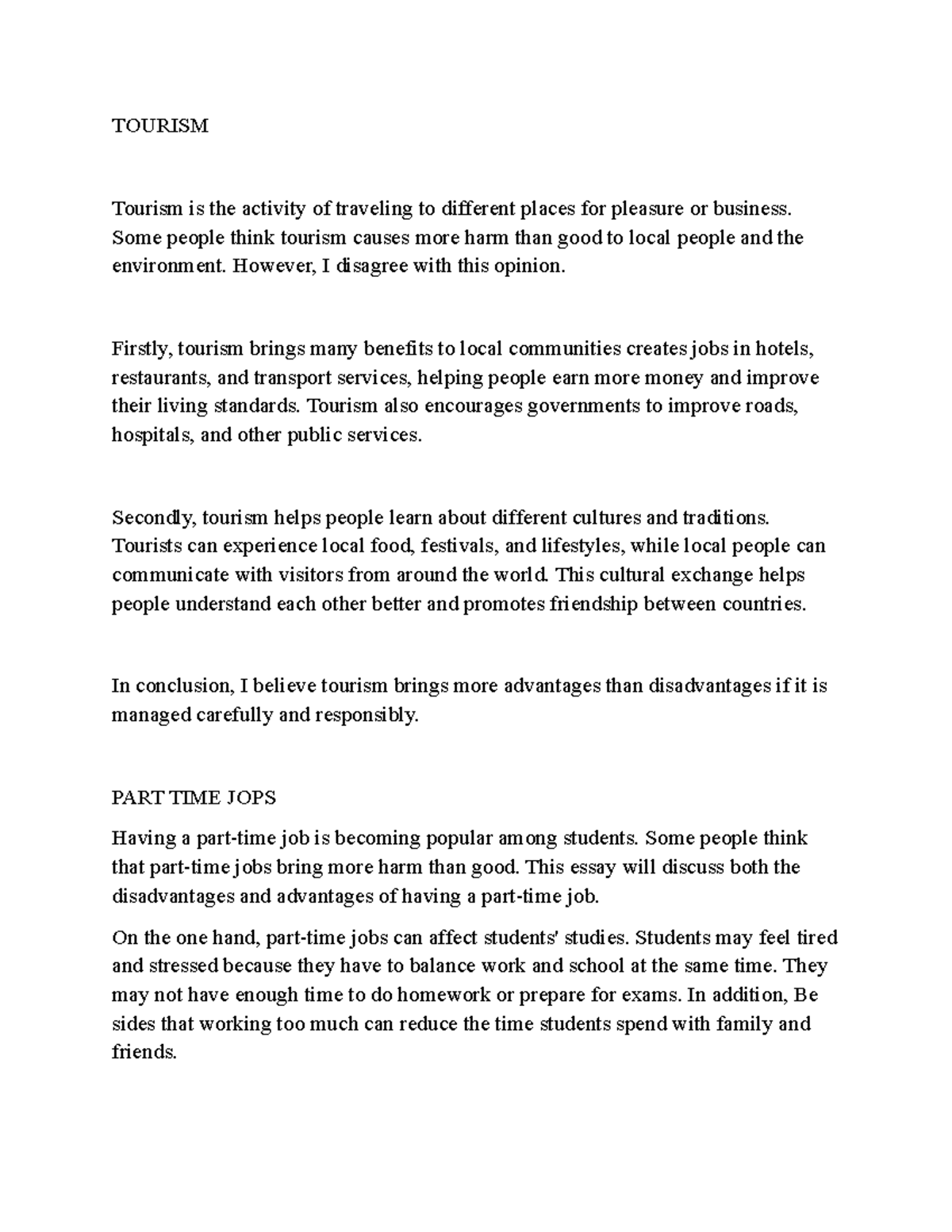 TOURISM & PART TIME JOBS: Benefits and Challenges in English - CVASD ...