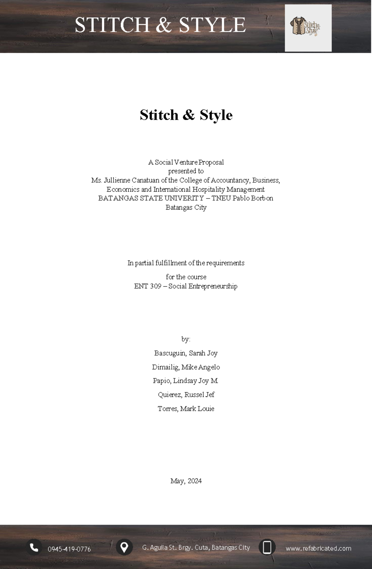 Social Venture PLAN Stitch AND Style 1 - Stitch & Style A Social ...