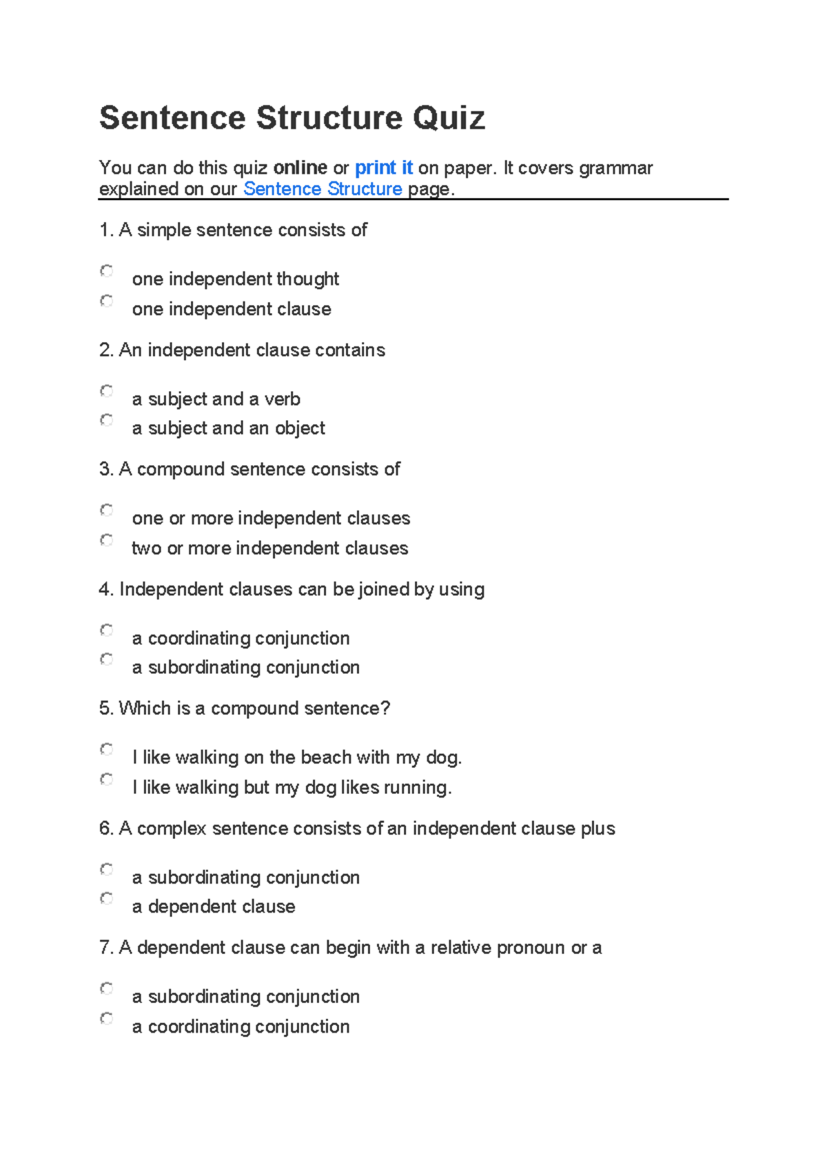 Sentence Structure Quiz: Understanding Clauses and Sentences - Studocu
