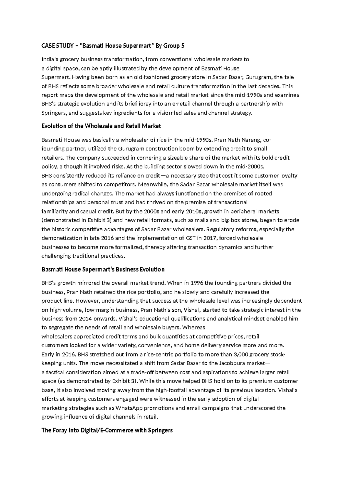 SCM Basmati: Case Study on Basmati House Supermart Evolution - Studocu