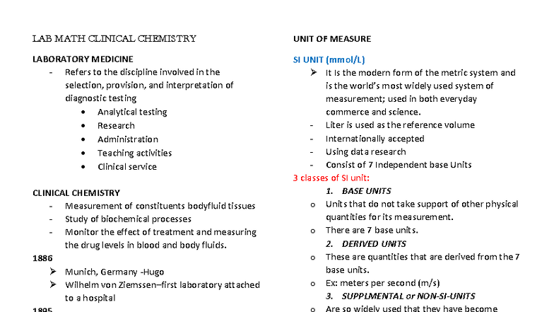 LAB MATH Clinical Chemistry: SI Units & Solution Preparation - Studocu