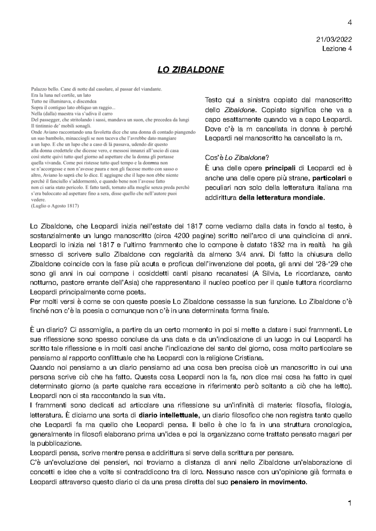 Leopardi e Lo Zibaldone: Lezione 4 di Letteratura Italiana - Studocu