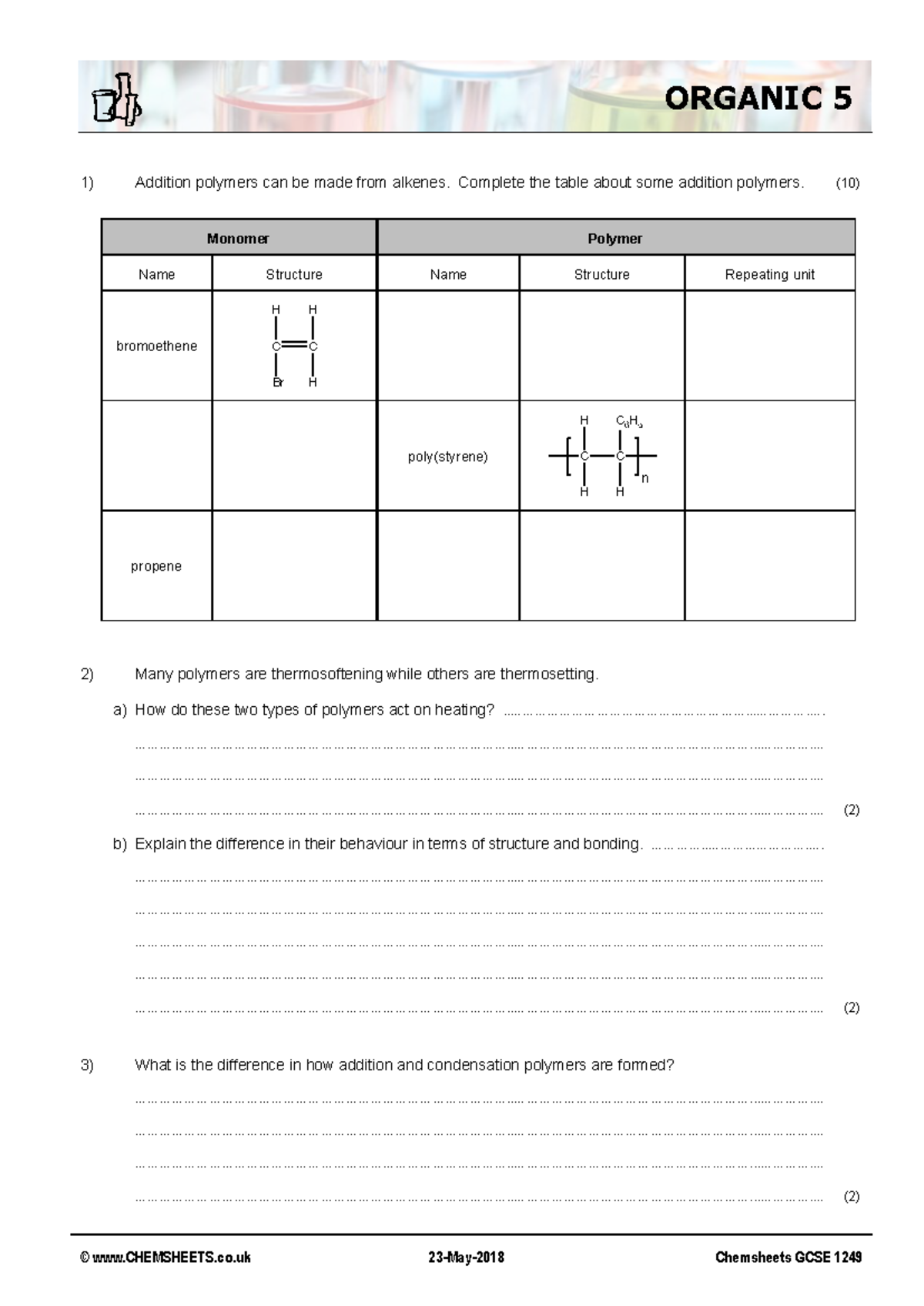 Chemsheets GCSE 1249: Organic Chemistry Addition Polymers Notes - Studocu