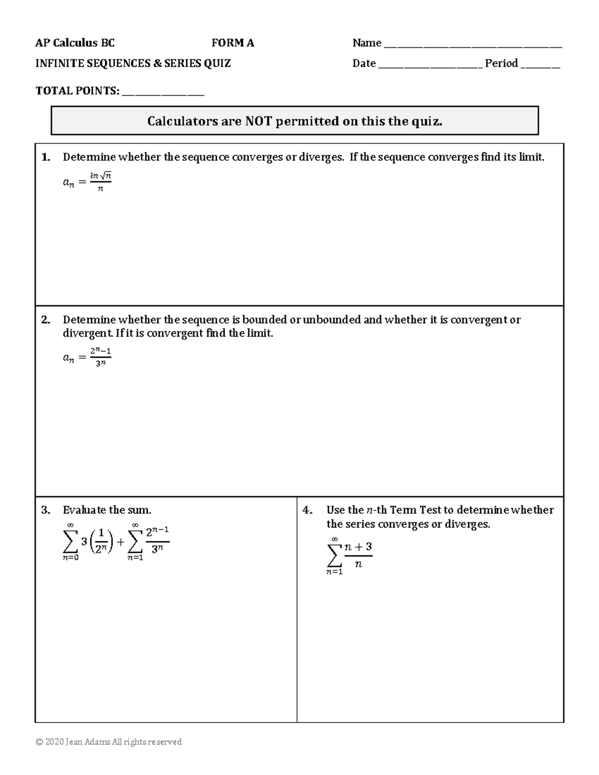 AP Calculus BC Mid Unit Quiz A: Infinite Sequences & Series - Studocu