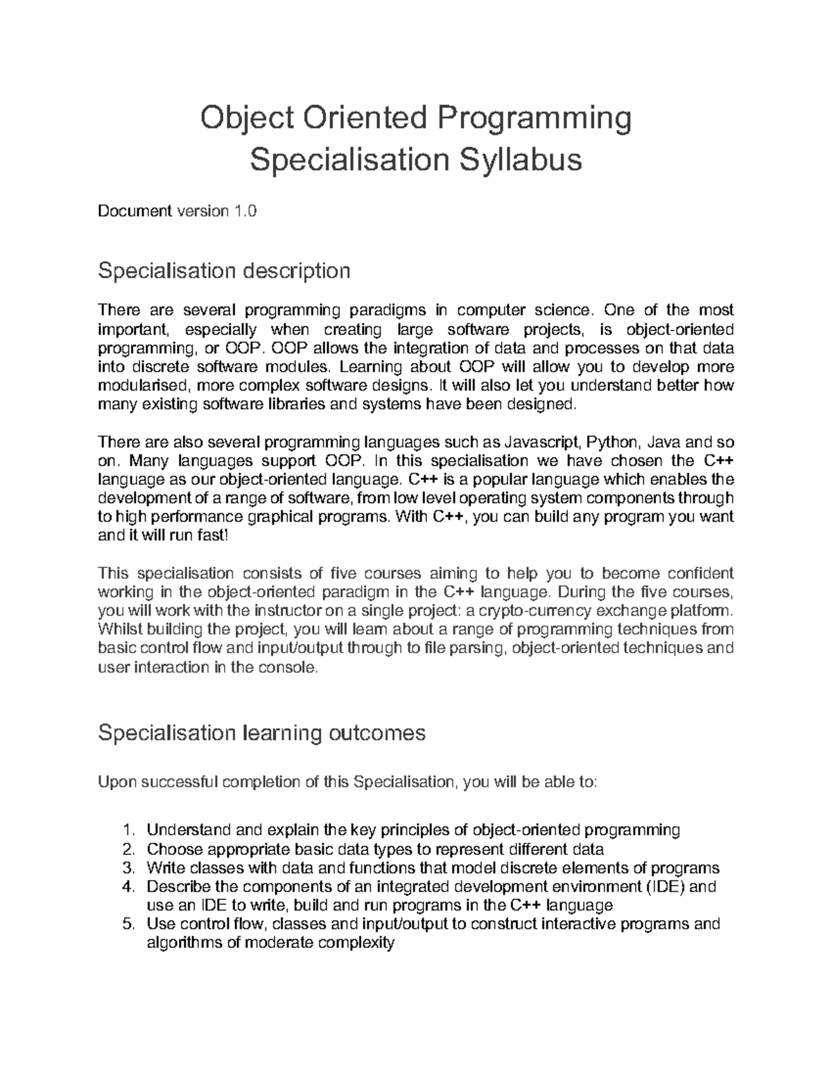 Object Oriented Programming Specialisation Syllabus Document v1.0 - Studocu
