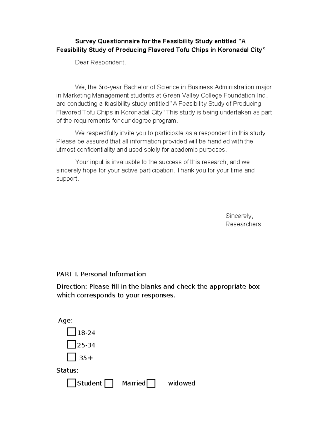 FS-TOFU- Questionairre - Survey Questionnaire for the Feasibility Study ...