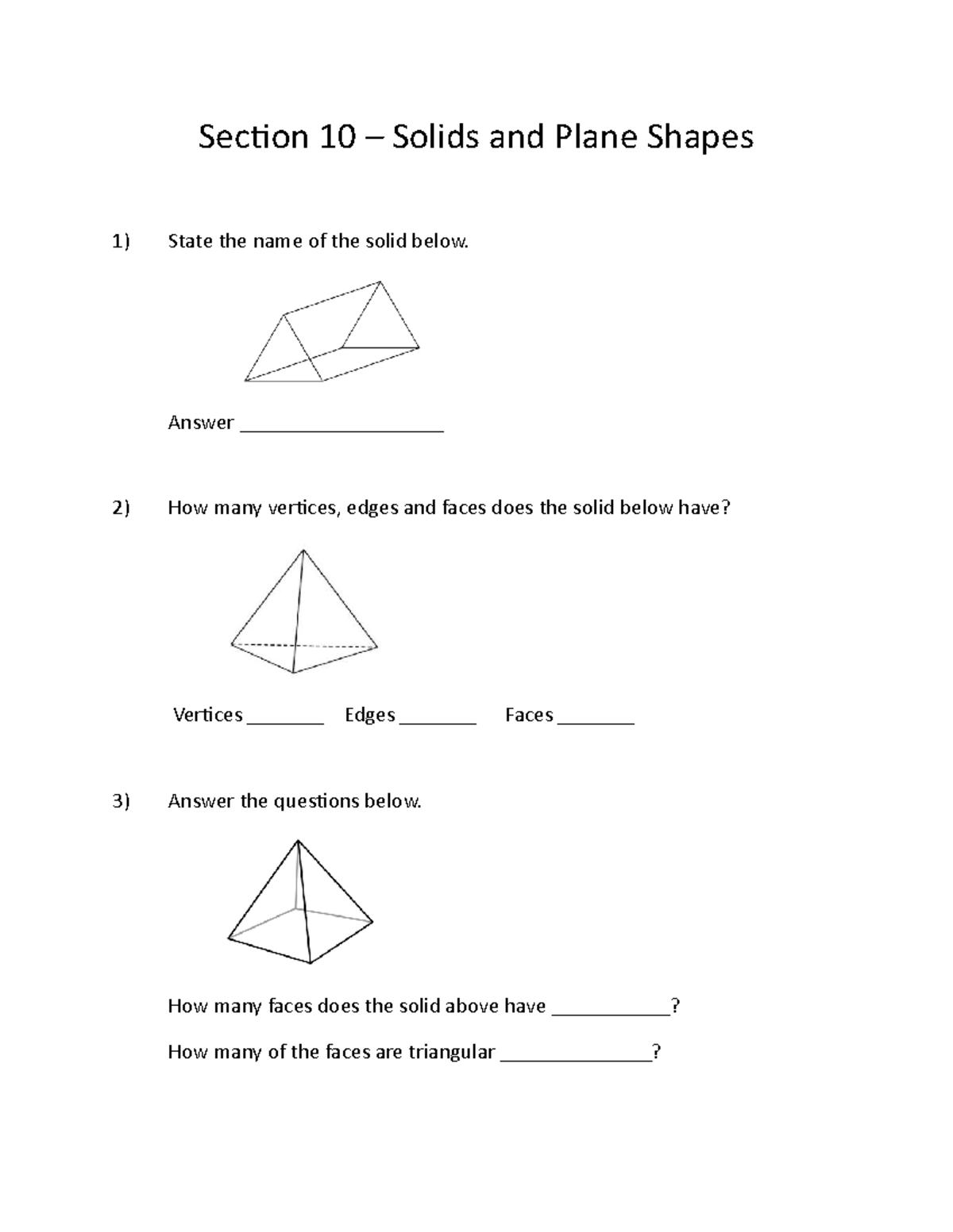 Math Solids and Plane shapes Exercise Worksheet - Section 10 – Solids ...