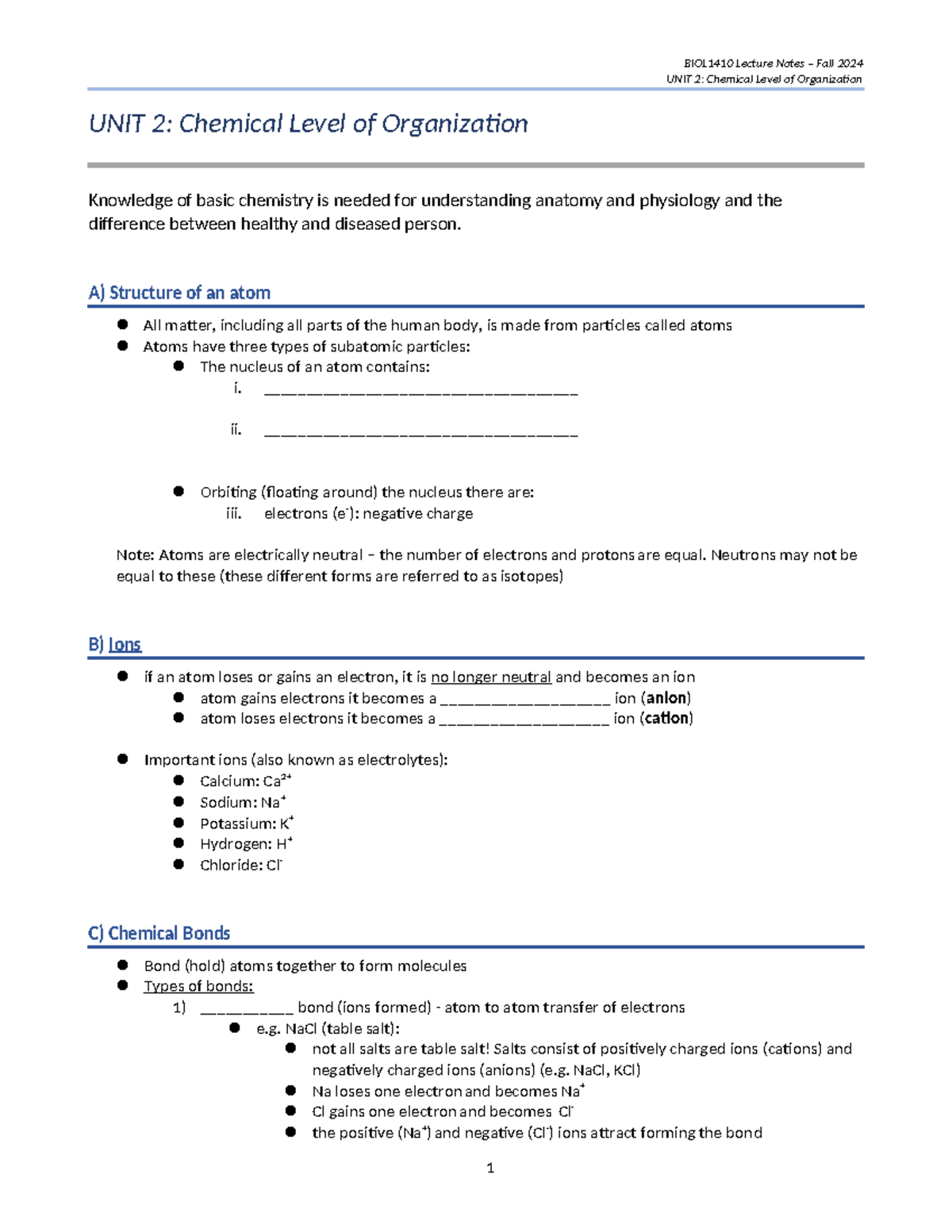BIOL1410 Lecture Notes Fall 2024: UNIT 2 - Chemical Level of ...