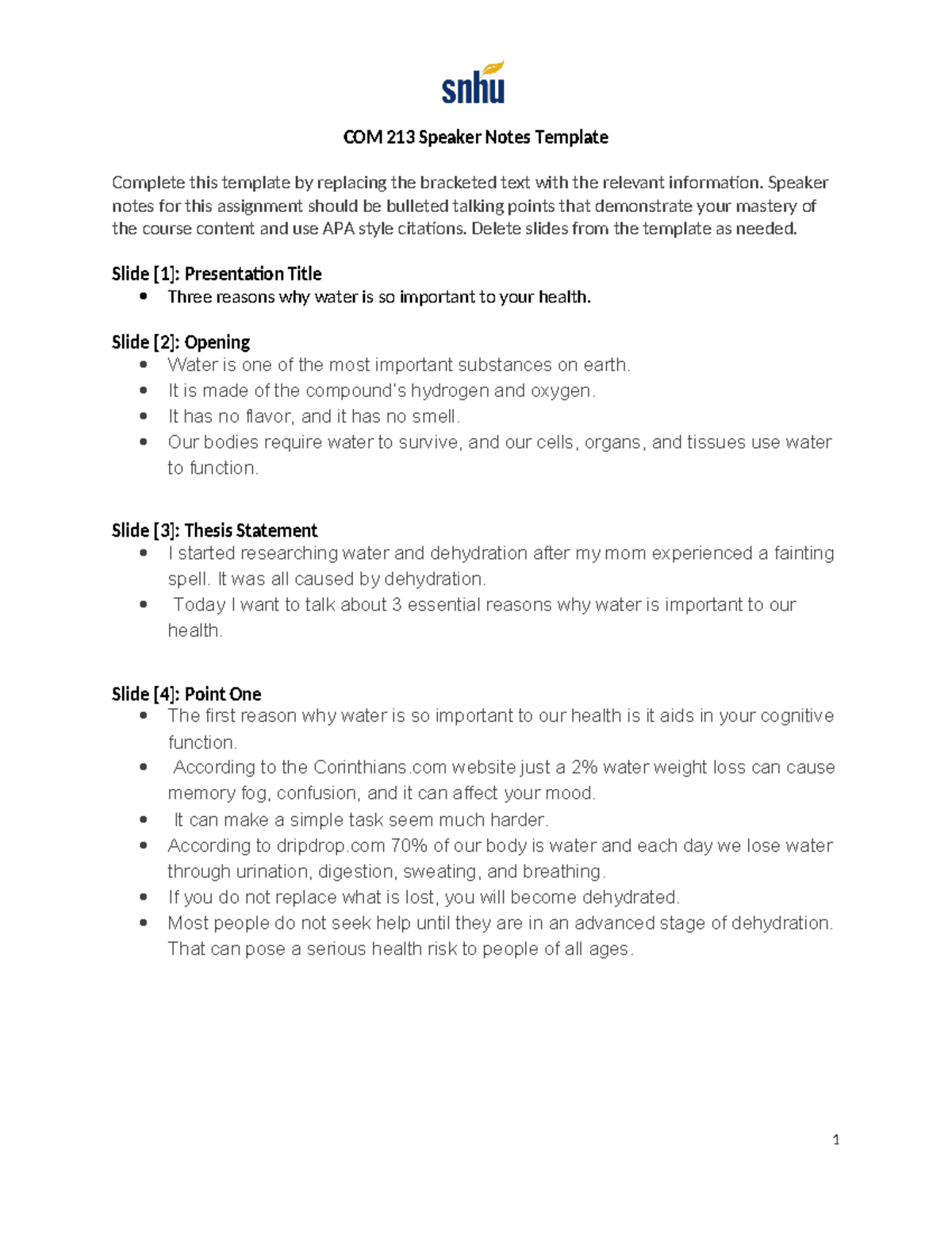 Informative speech notes - COM 213 Speaker Notes Template Complete this ...