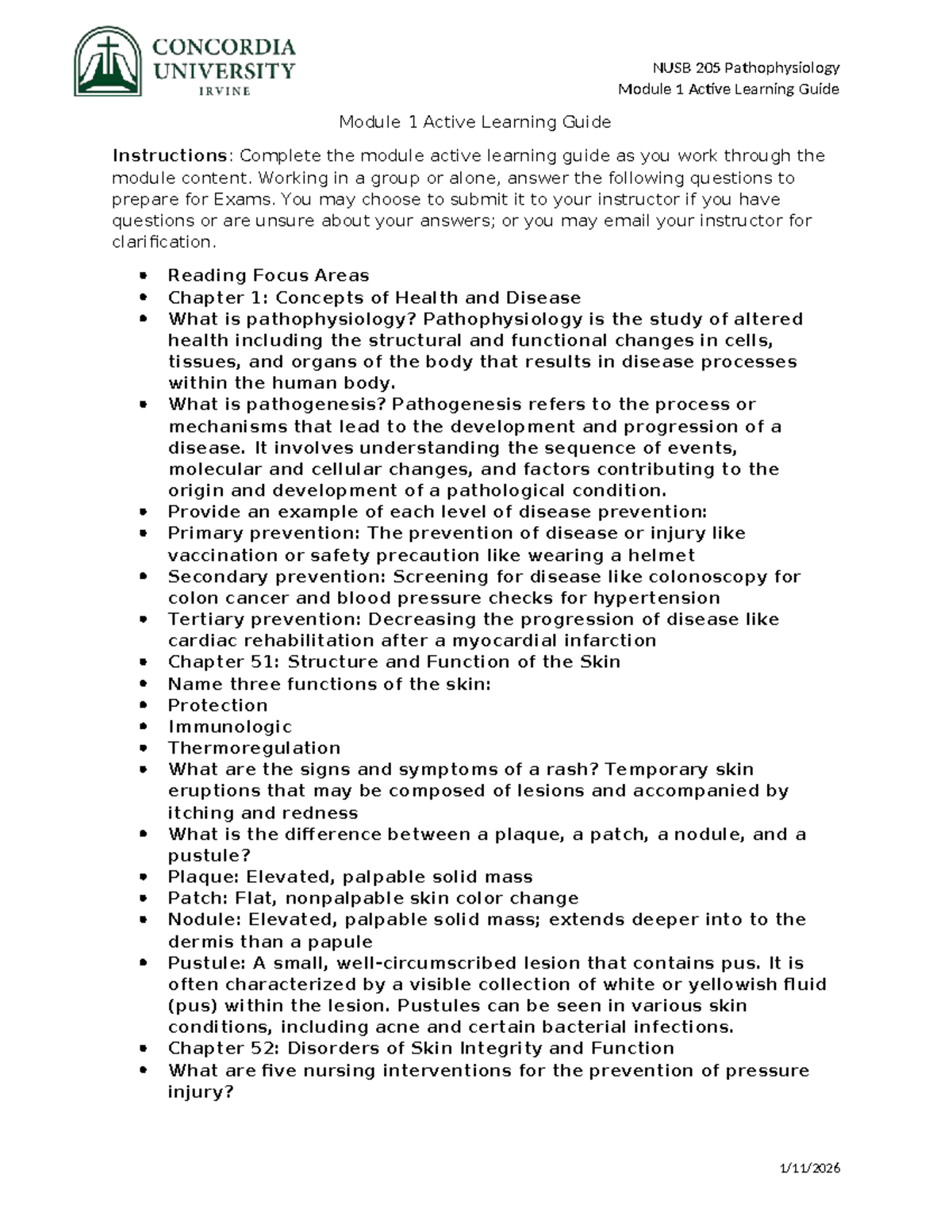 NUSB 205 Pathophysiology Module 1 Active Learning Guide for Exams - Studocu