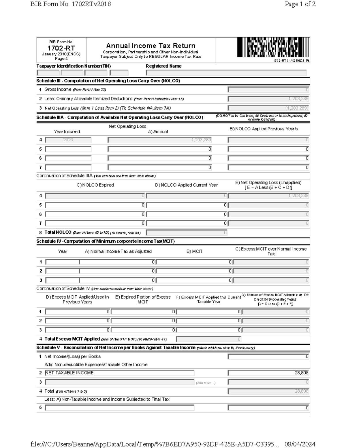 BIR Form 1702RT 2018: Annual Income Tax Return for Corporations - Studocu
