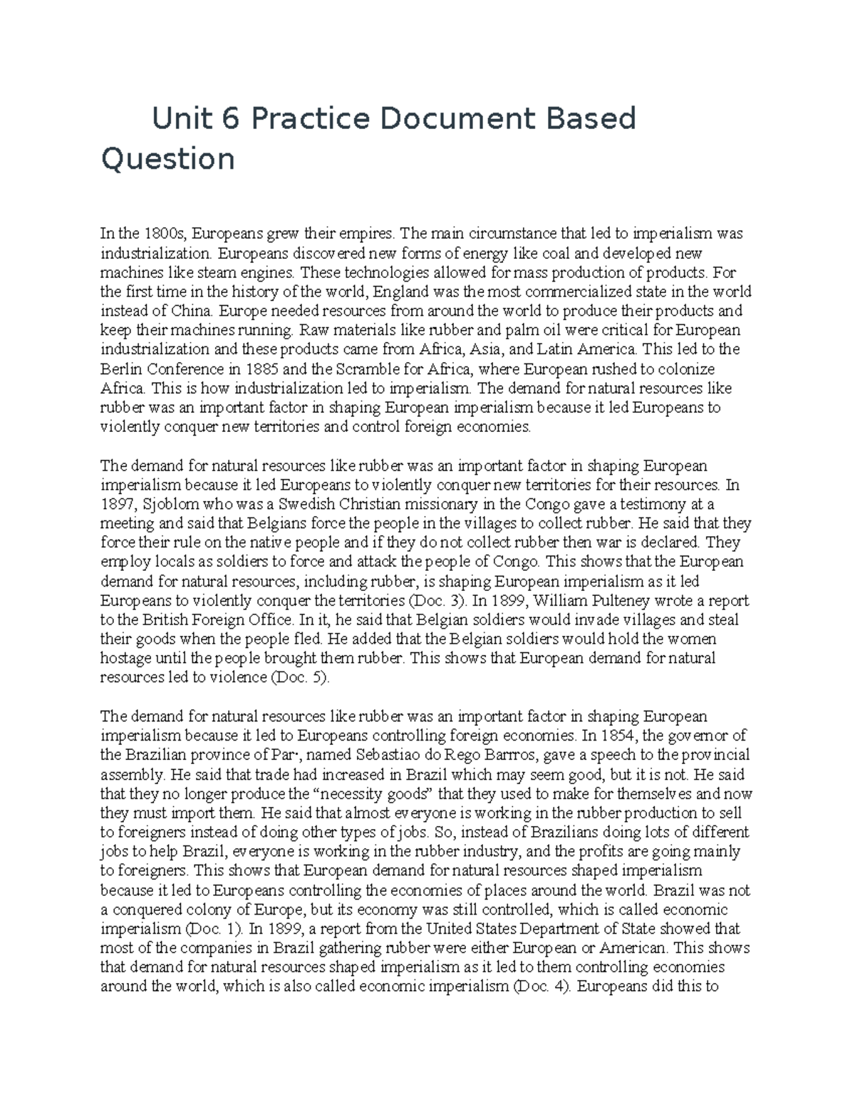 Unit 6 DBQ Practice: Industrialization and European Imperialism - Studocu