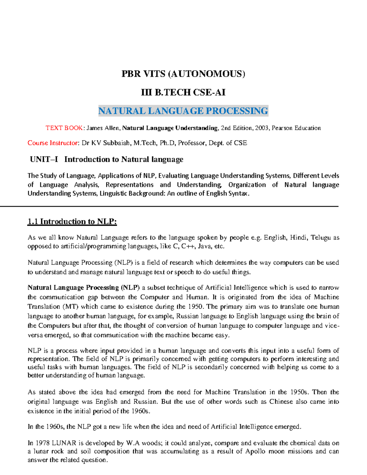 NLP-UNIT-I - Introduction to Natural Language Processing - Studocu