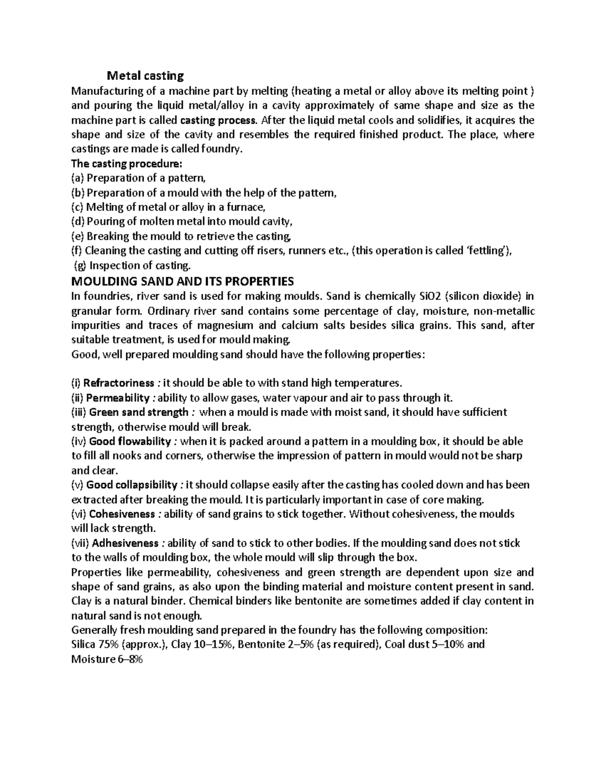 Part 1 - Lecture notes Basics of Mechanical Engineering - Metal casting ...