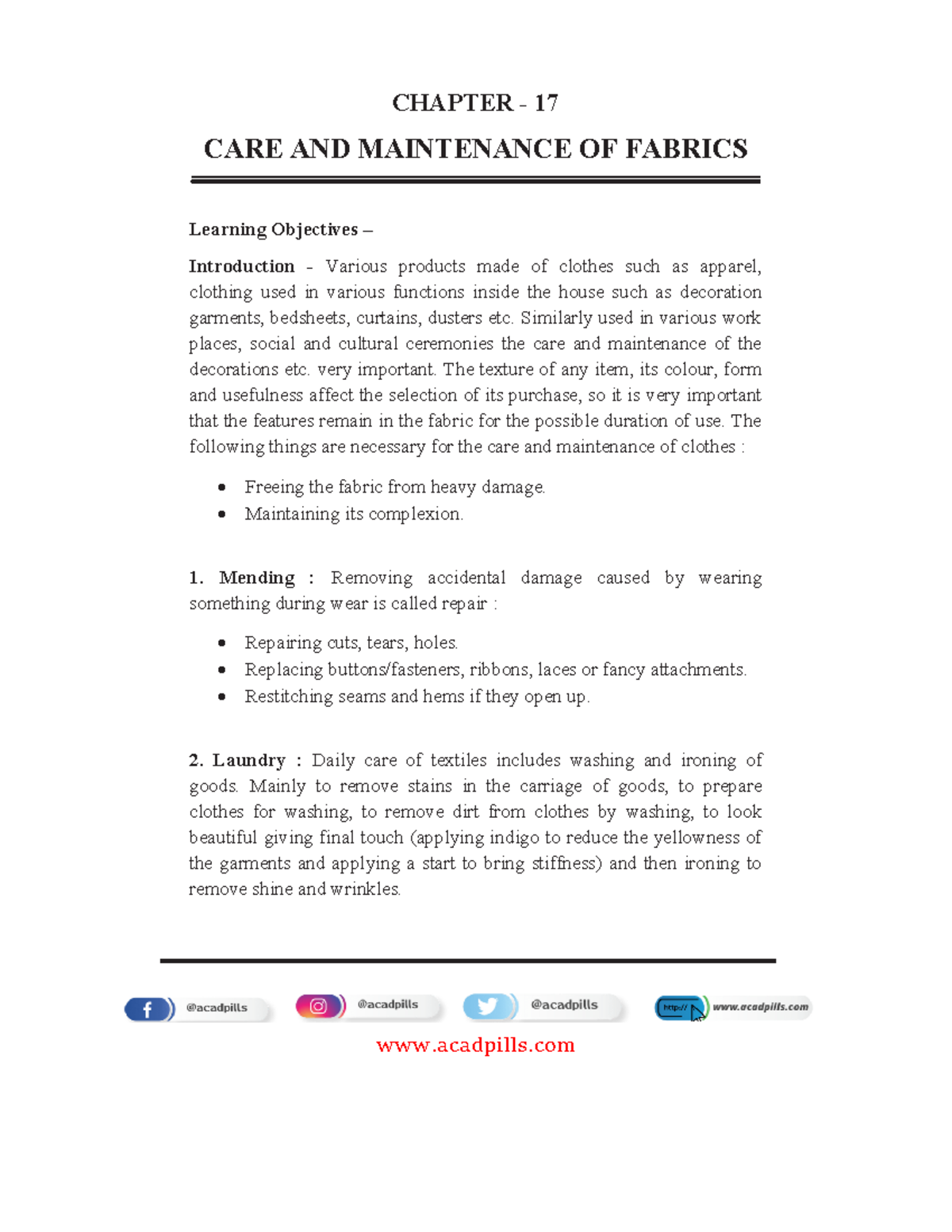 14.Care and Maintenance of Fabrics - 254 XI – Home Science CHAPTER - 17 ...