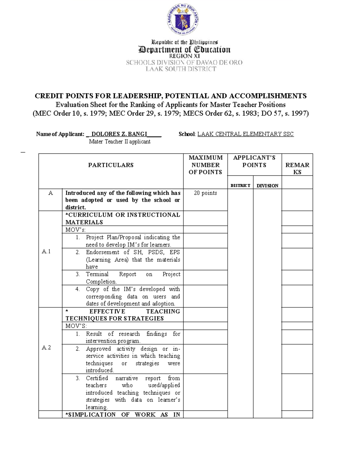 CREDIT POINTS EVALUATION SHEET FOR MASTER TEACHER APPLICANTS (MT 2021 ...