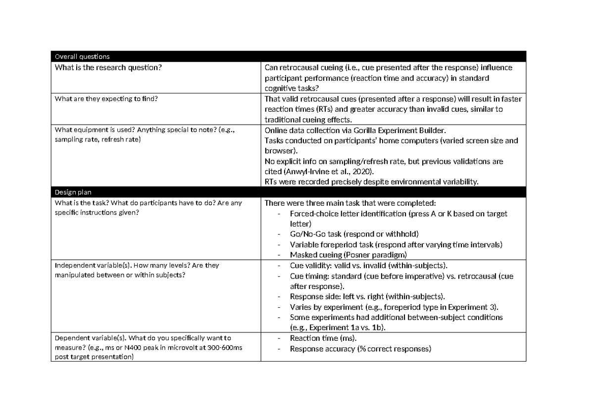 Research Questions and Design Plan for Retrocausal Cueing Study - Studocu