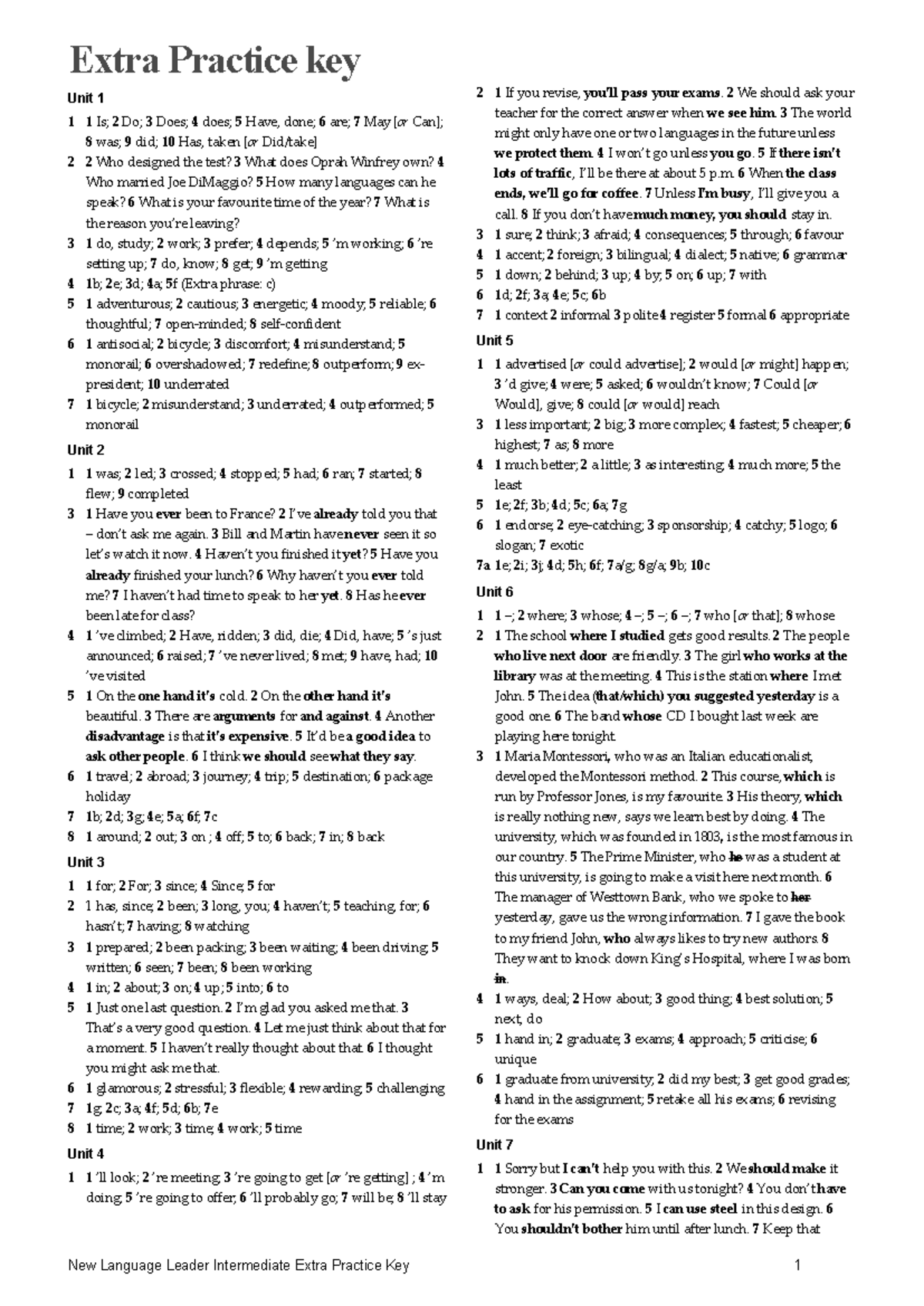 New Language Leader Intermediate Extra Practice Key Answers - Studocu