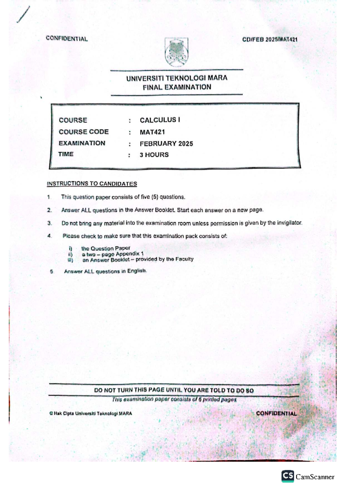 Past Year Exam Paper for Calculus I MAT421 FEB 2025 - Final Examination - Studocu