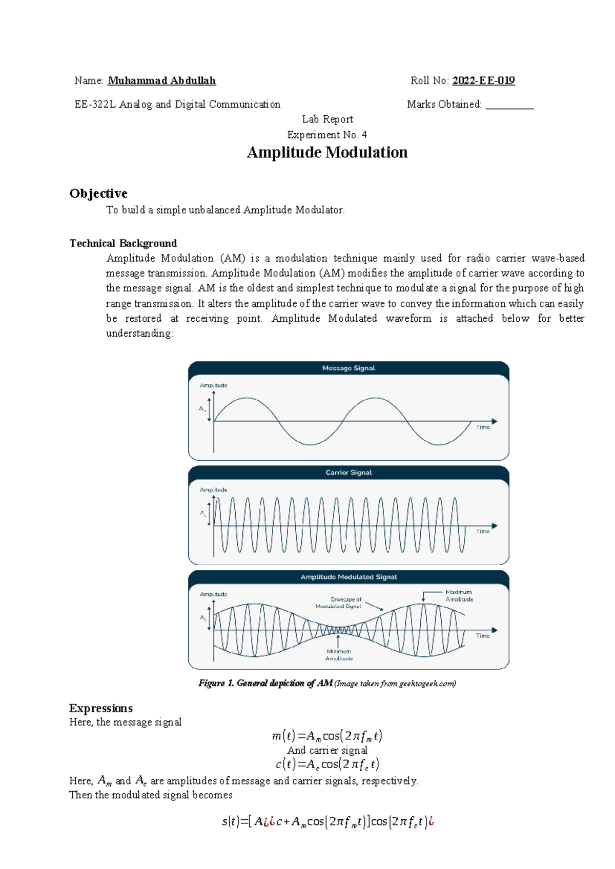 EE-322L Lab Report: Amplitude Modulation Experiment No. 4 - Studocu