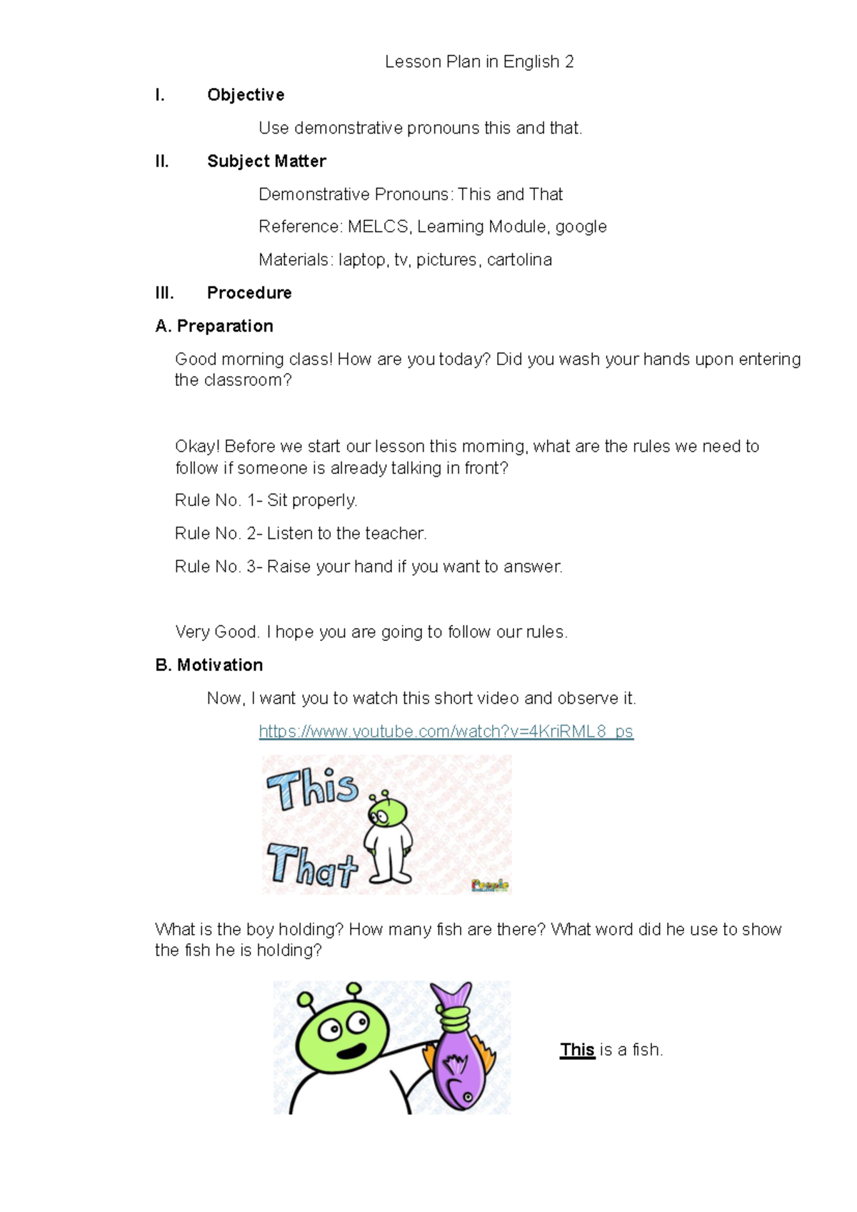 Lesson Plan in English 2: Teaching Demonstrative Pronouns This & That ...
