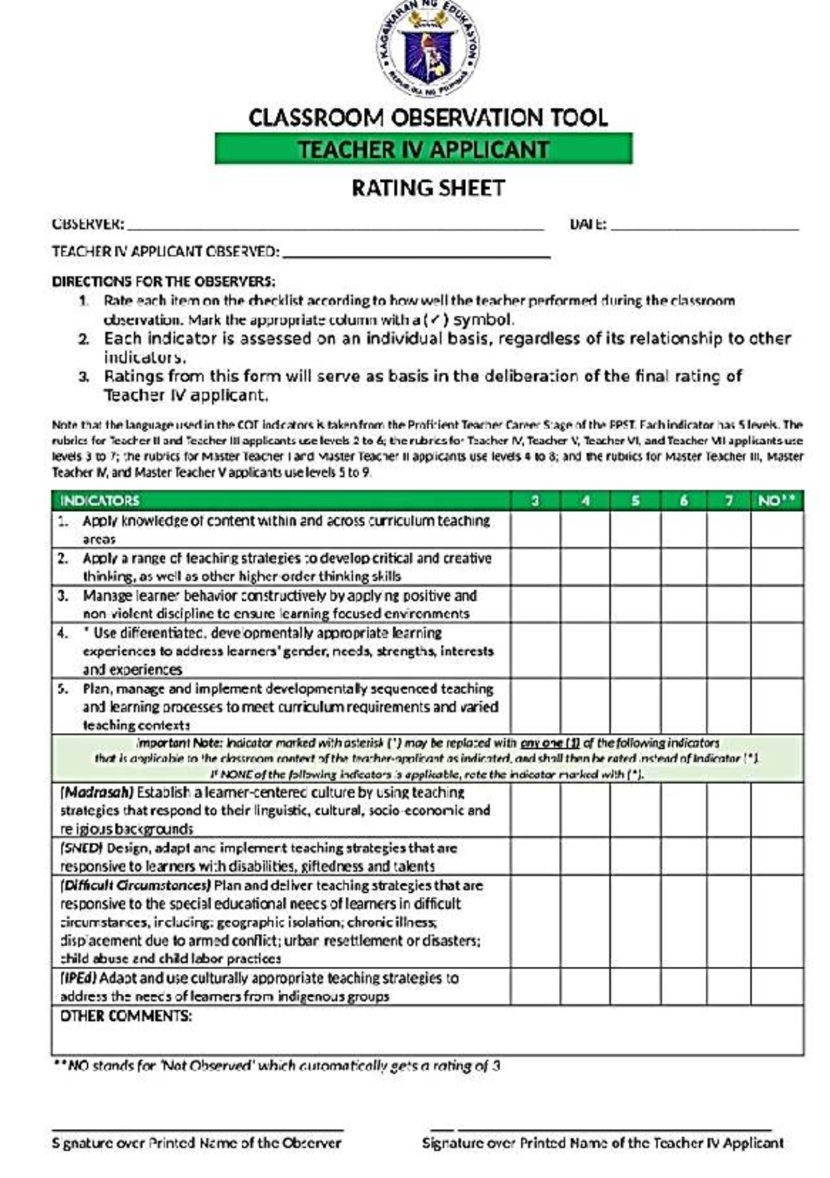 COT Rating Sheets for Teacher IV & V Applicants Evaluation - Studocu