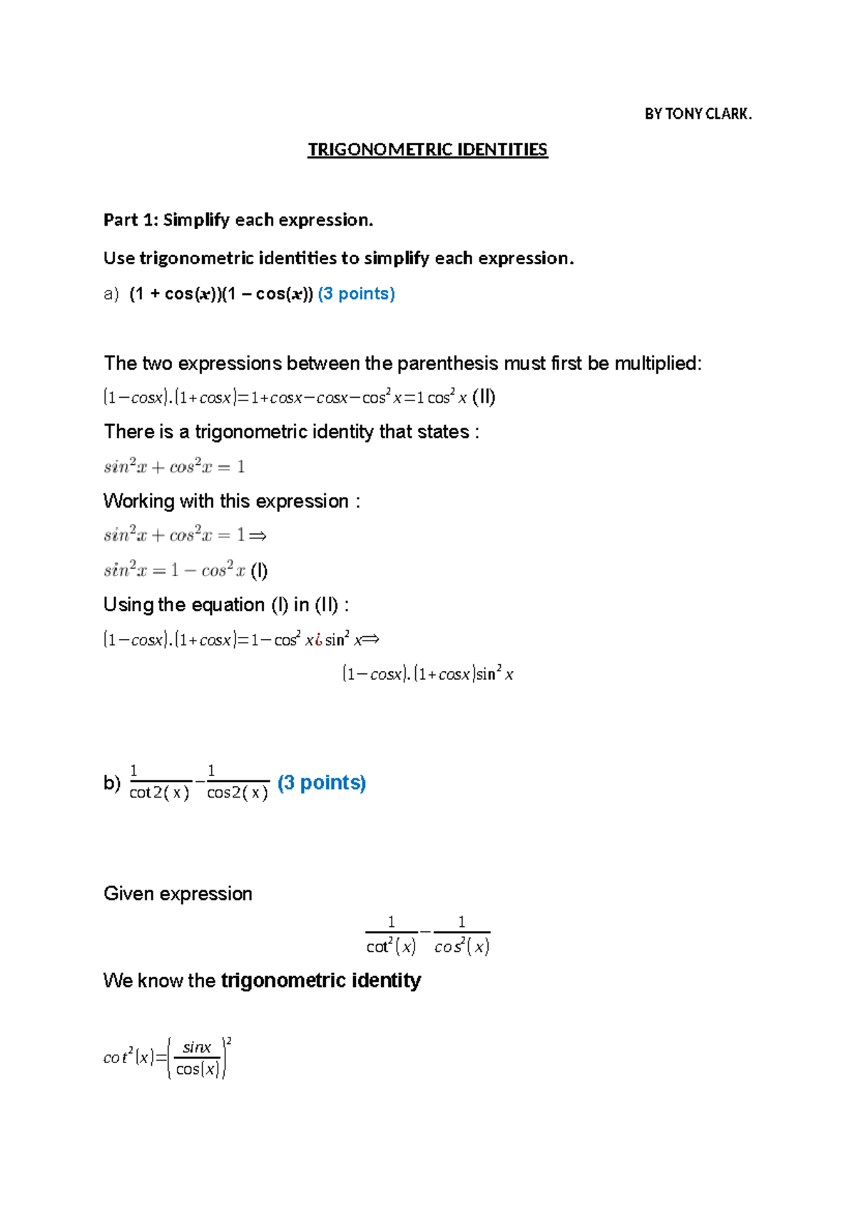 Trigonometric Identities Assignment: Performance Task by Tony Clark - Studocu
