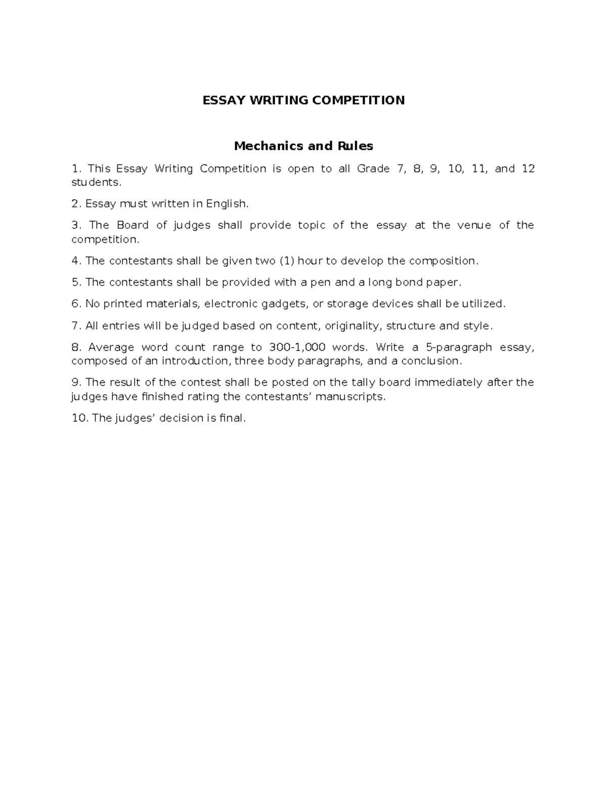 Essay Writing Competition Rules for Grades 7-12 - Studocu