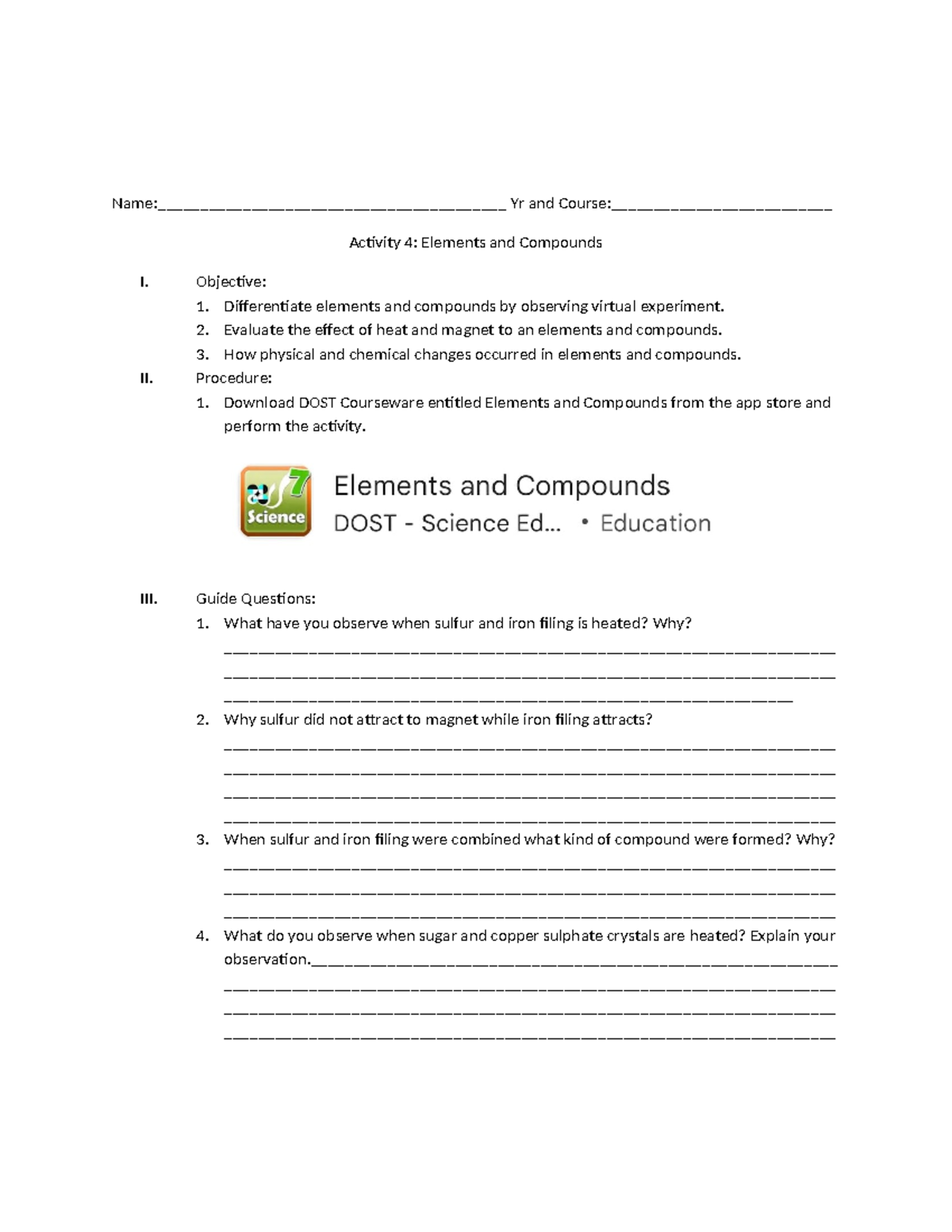Activity 4: Exploring Elements and Compounds in Chemistry - Studocu