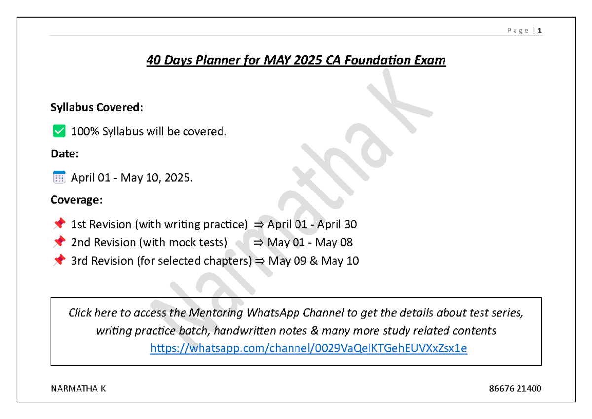 40 Days Study Planner for CA Foundation Exam - May 2025 - Studocu