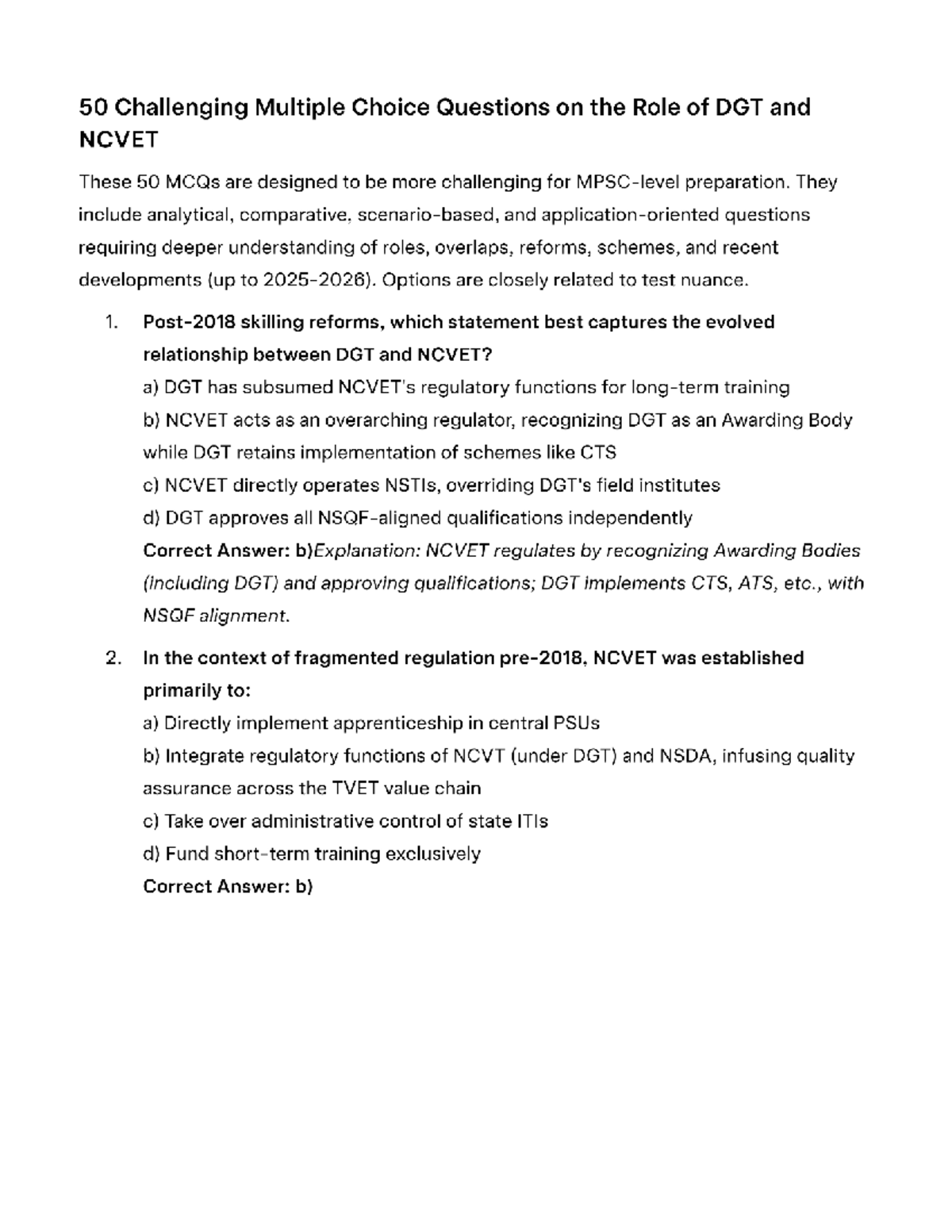50 Challenging MCQs on DGT & NCVET Roles for Exam Prep - Studocu