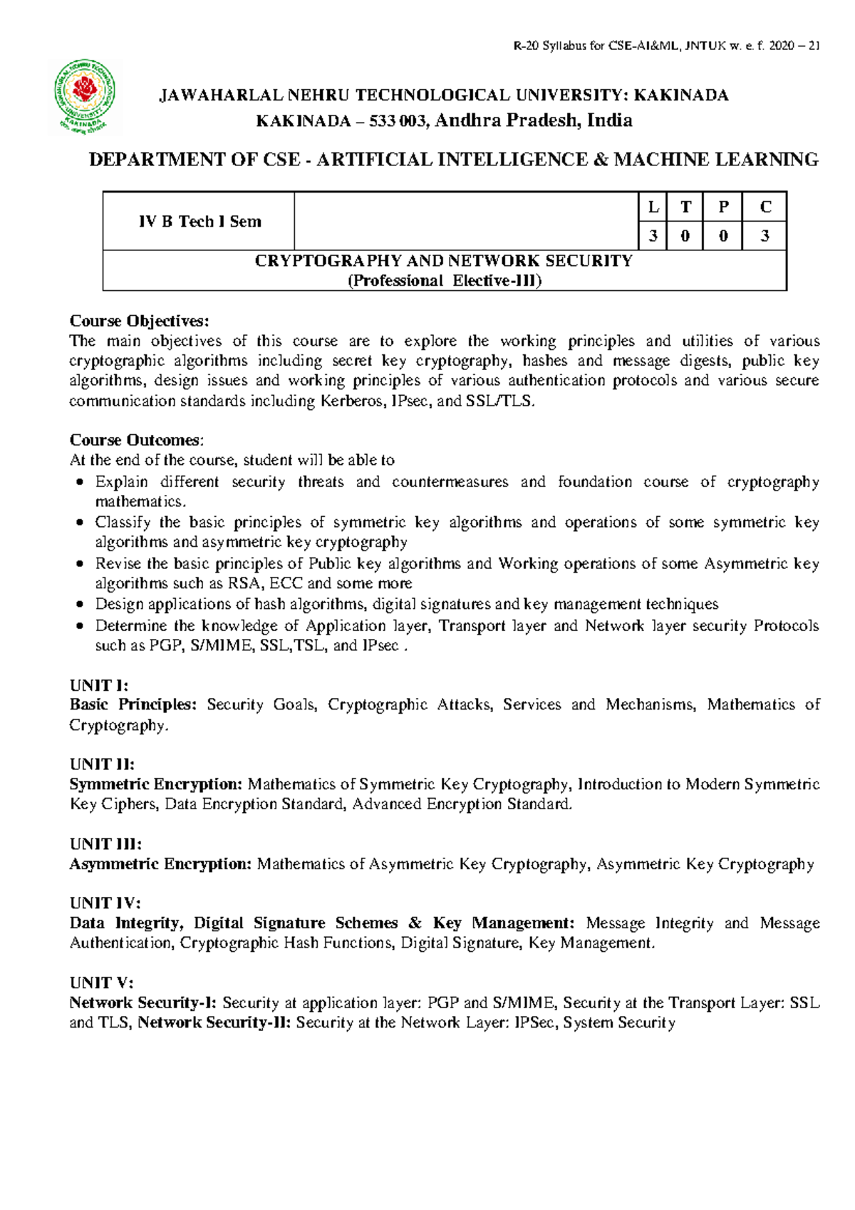 CNS 2020-21 Syllabus: Cryptography & Network Security for IV B Tech - Studocu