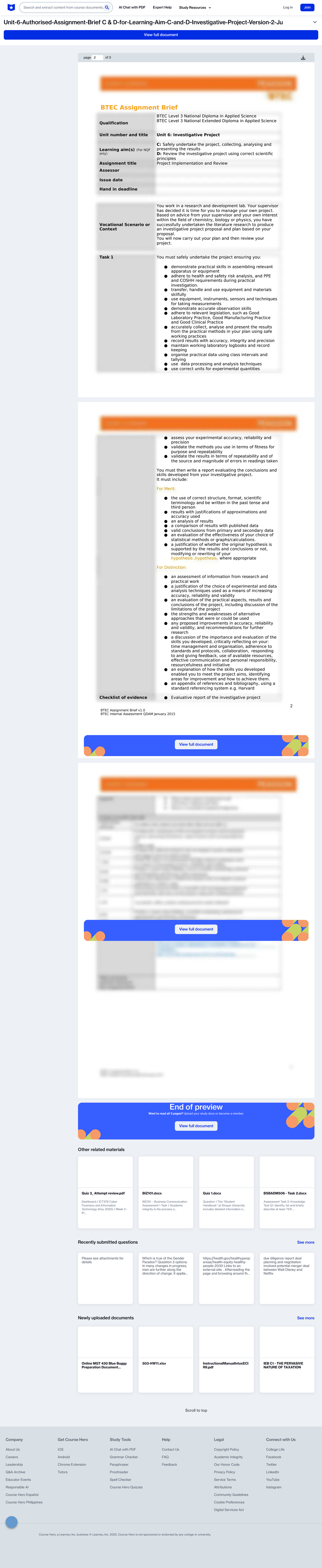 BTEC Level 3 Investigative Project Assignment Brief: Units C & D - Studocu
