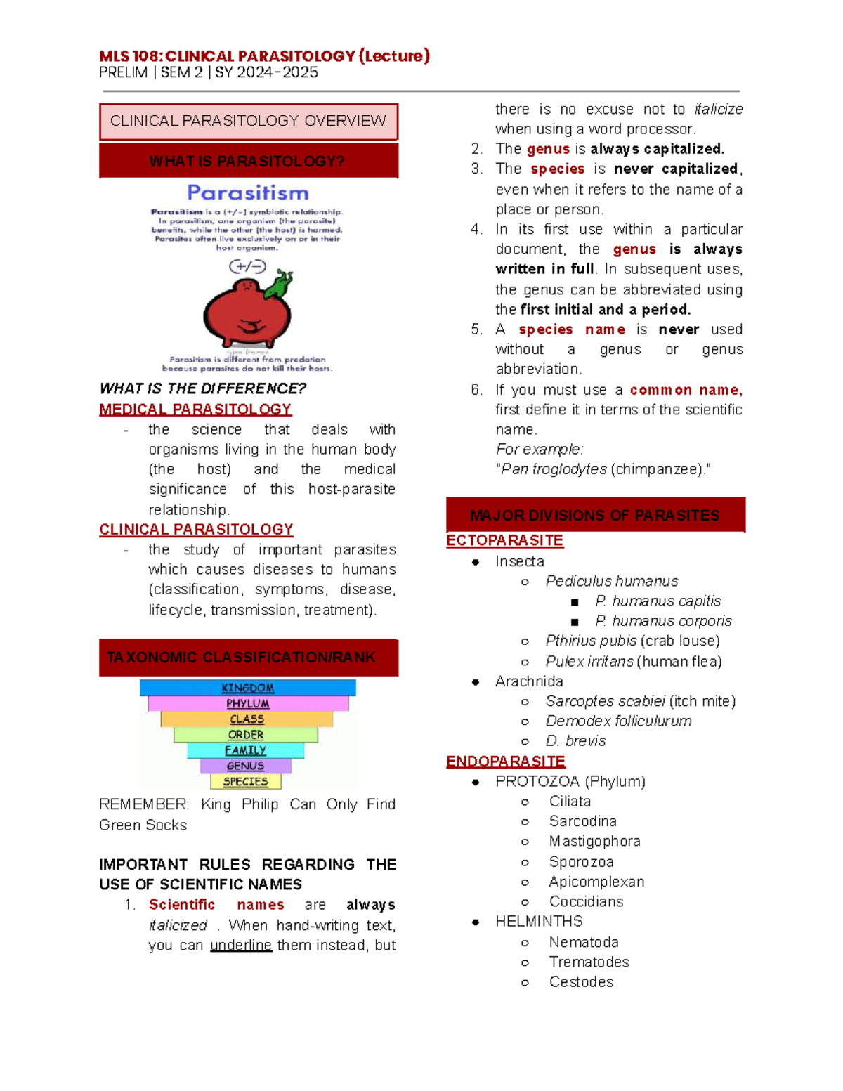 MLS 108: Clinical Parasitology - Overview of Key Concepts - Studocu