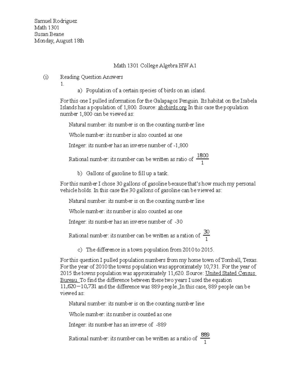 Math 1301 HW A1: Reading Assignment Answers by Samuel Rodriguez - Studocu