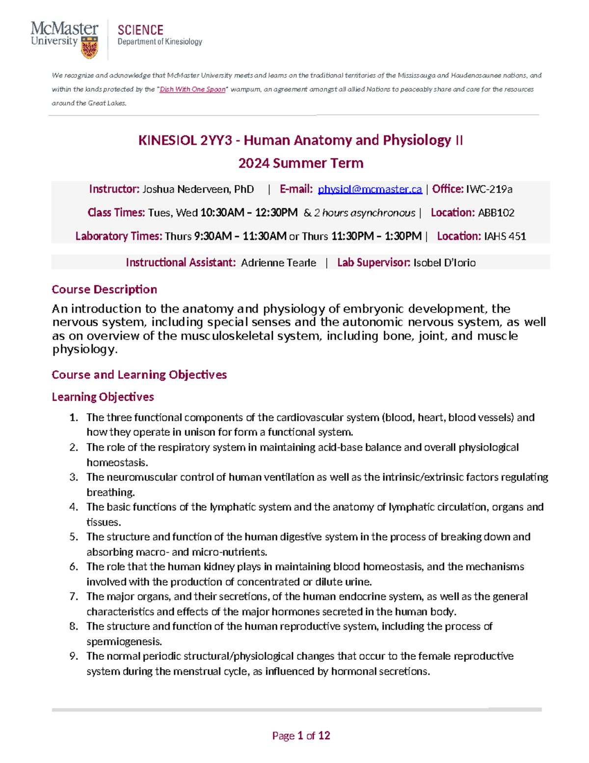 KINESIOL 2YY3 Summer 2024: Course Overview and Expectations - Studocu