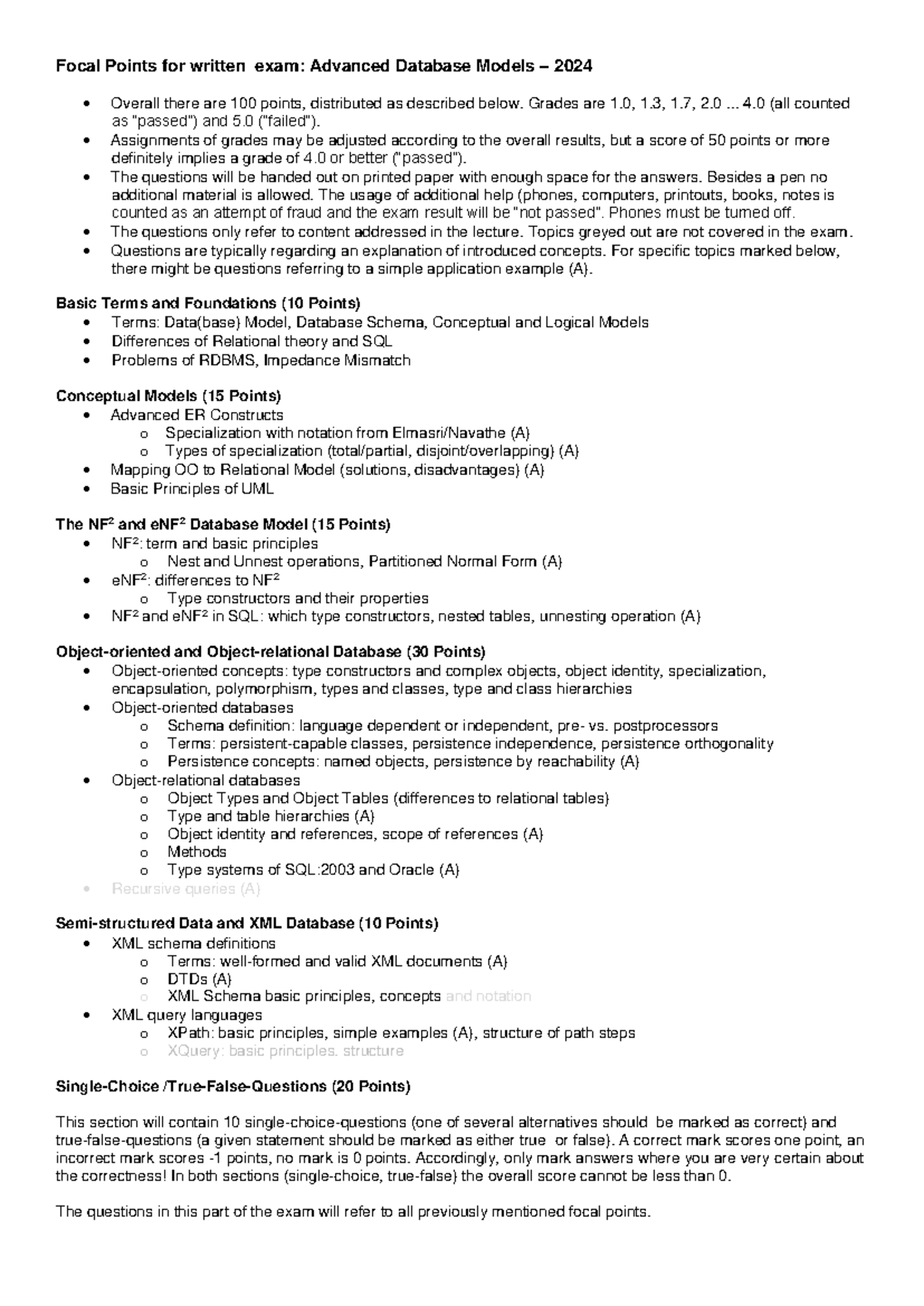 Focal Points for Written Exam: Advanced Database Models 2024 - Studocu