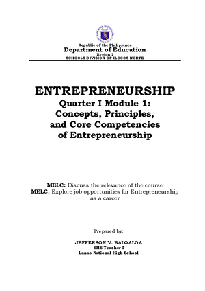 ENTREPRENEURSHIP MODULE 2 GRADE 12 ABM - Quarter 1 Week 2 Module 2 ...