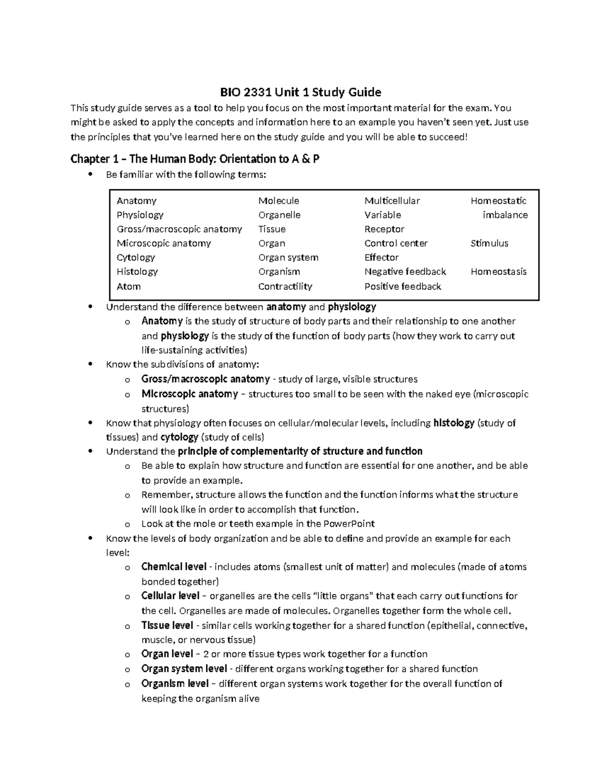 BIO 2331 Unit 1 A&P Study Guide: Human Body, Cells & Tissues - Studocu